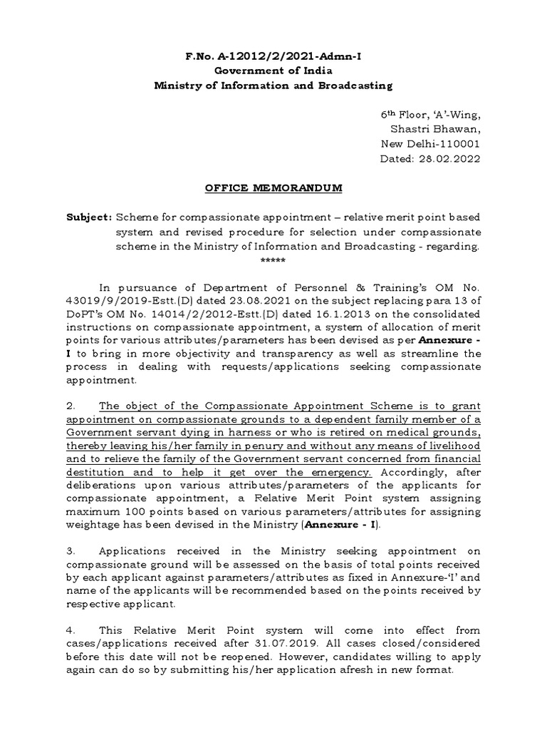 Compassionate Appointment Approved Merit Point System and Forms | PDF ...