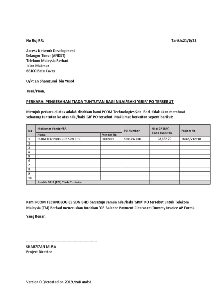 Surat Pengesahan Tiada Tuntutan (Vendor - RR) ANDST 210623 | PDF