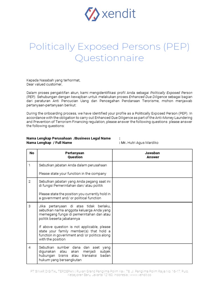 (Xendit) PEP Questionnaire | PDF