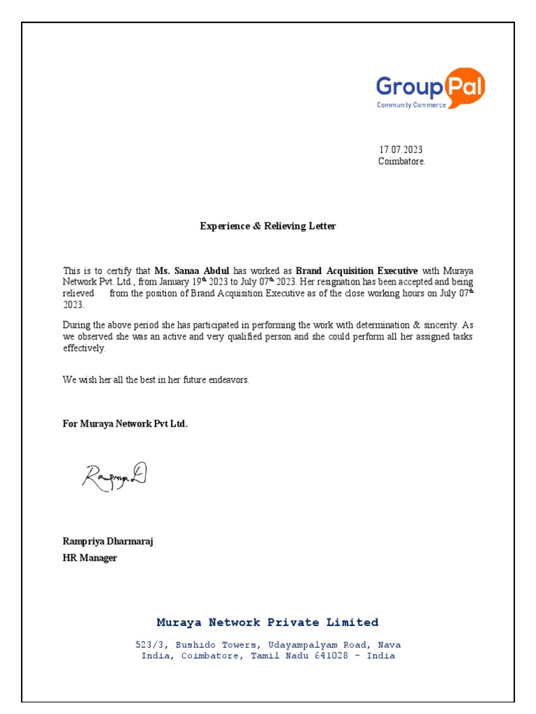 Experience & Relieving Letter - Ms. Sanaa | PDF