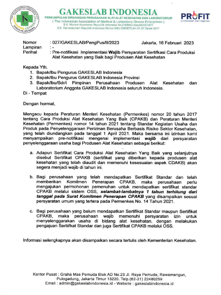 Pre Notifikasi Implementasi WAJIB Persyaratan Sertifikat CPAKB Bagi ...