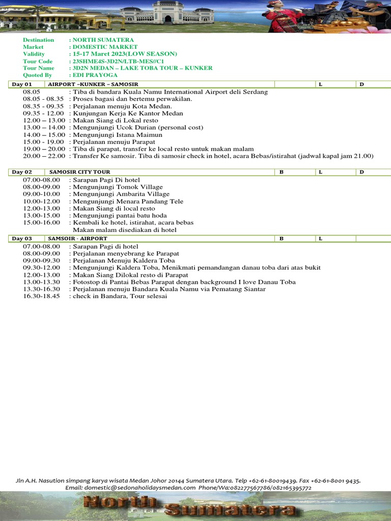 3D2N Medan - Lake Toba Tour - Kunker | PDF | Perjalanan