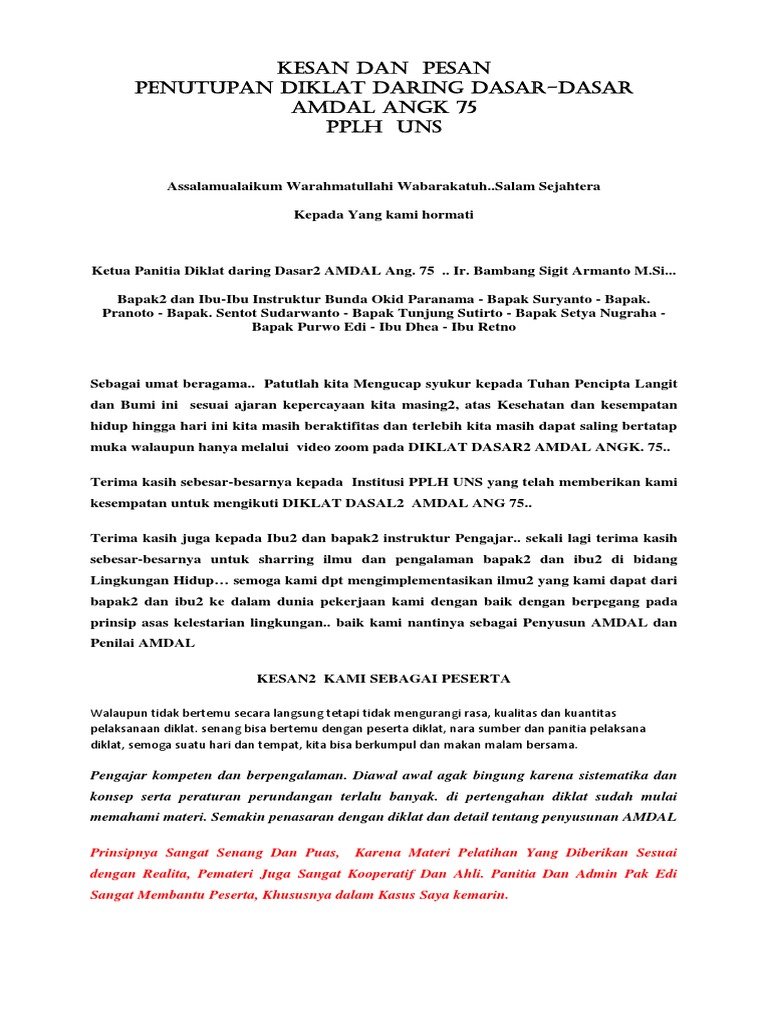 KESAN DAN PESAN Akhir Diklat Dasar2 Amdal Ang. 75 Pplh Uns | PDF