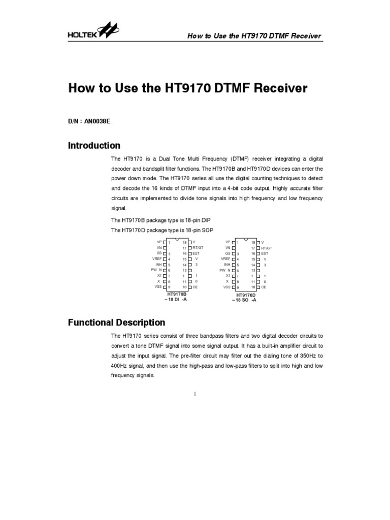 How To Use The HT9170 DTMF Receiver: D/N A N0038E | PDF | Filter ...