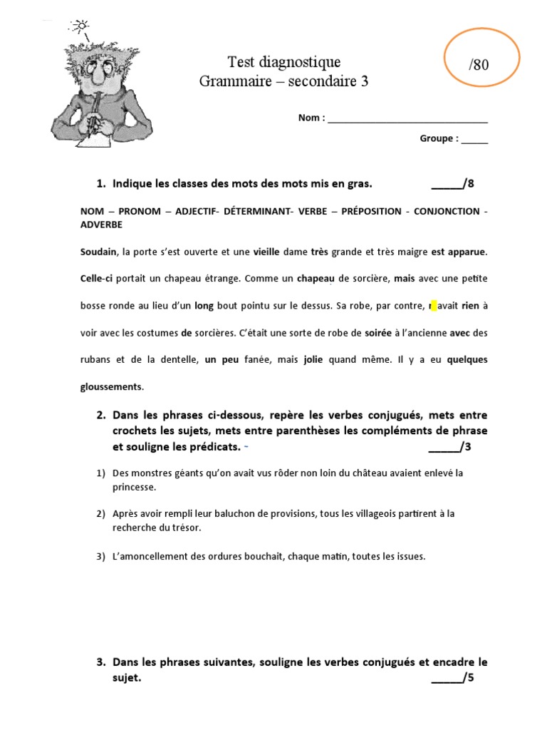 Test diagnostique de français - Sec 3 | PDF | Phrase | Verbe