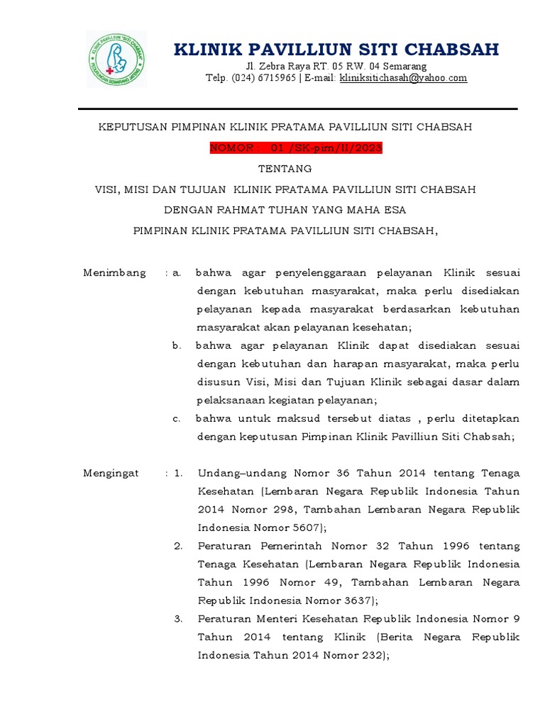 TKK.1.Ep.1 - SK VISI, MISI DAN TUJUAN KLINIK SC | PDF