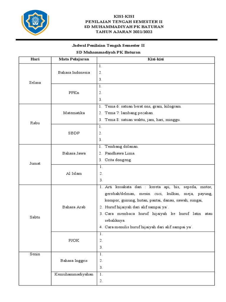 Kisi Kisi Kelas 2 | PDF