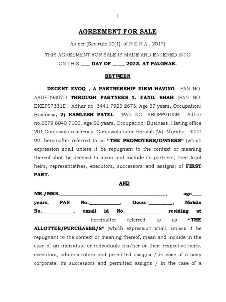 Agreement For Sale Final Draft | PDF | Taxes | Cheque