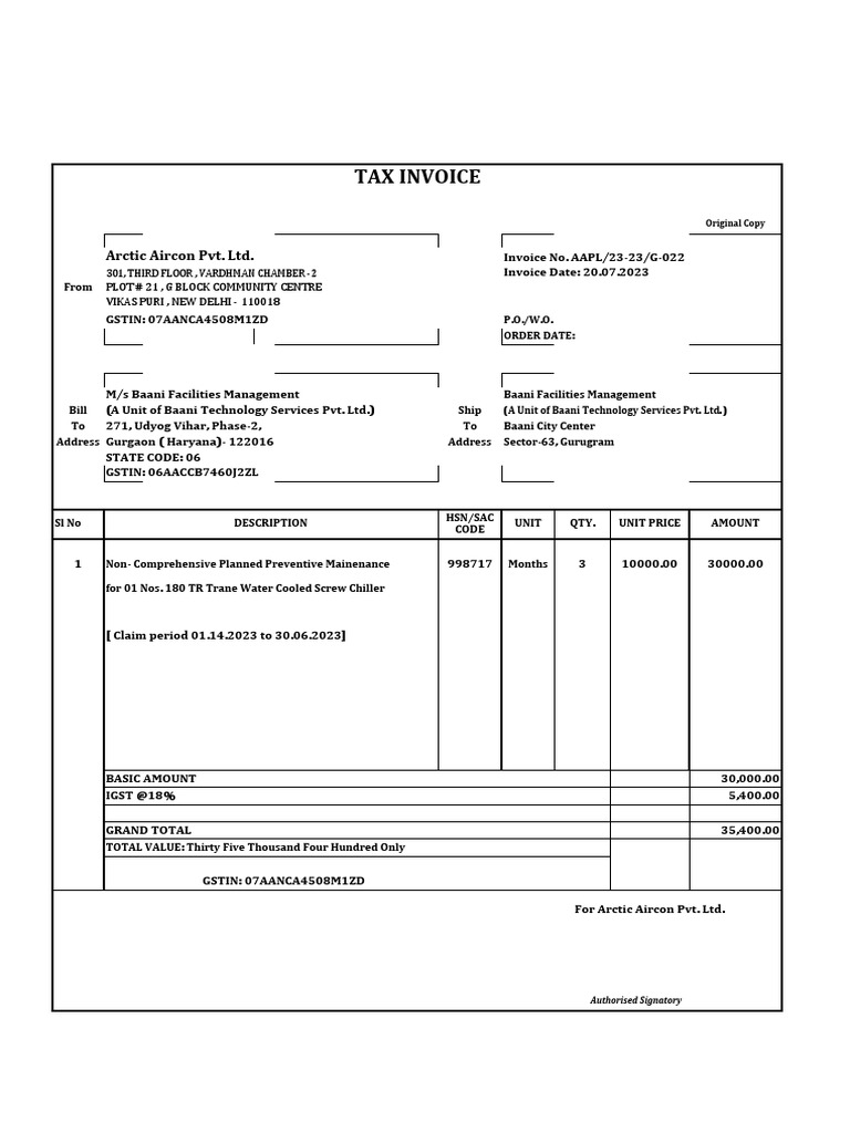 Tax Invoice - AAPL-23-24-G-022 Baani Sec-63 Gurgaon - AMC April-23 To June - 23 | PDF