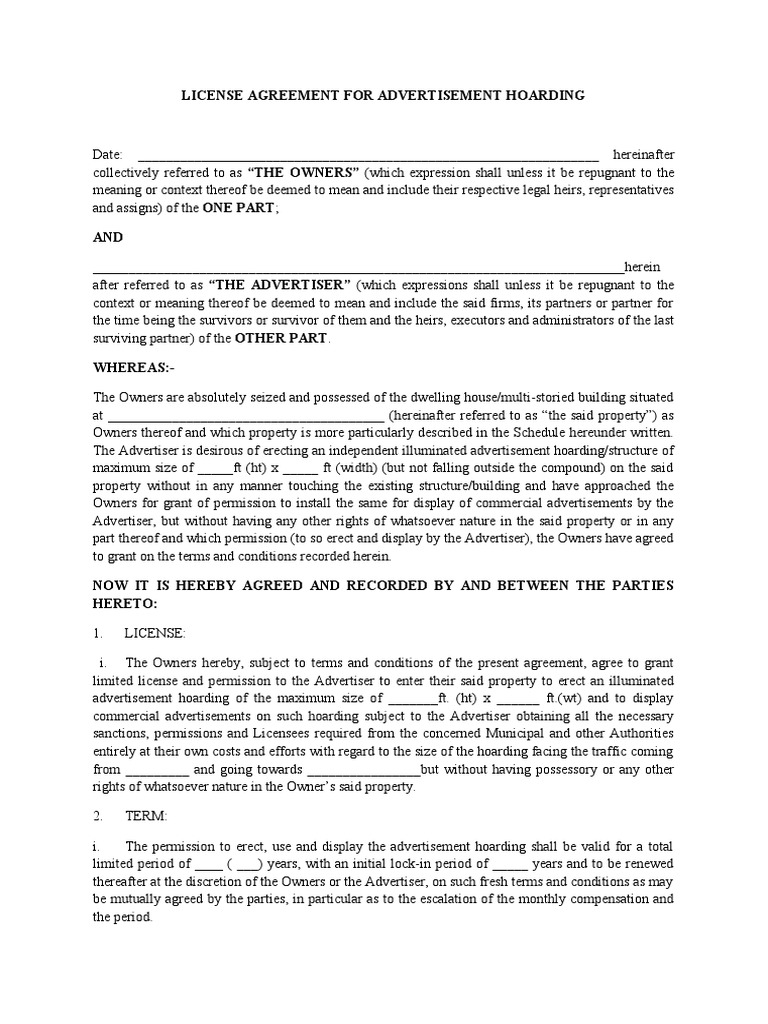 LICENSE AGREEMENT DRAFT For HOARDING ADVERTISEMENT | Download Free PDF ...