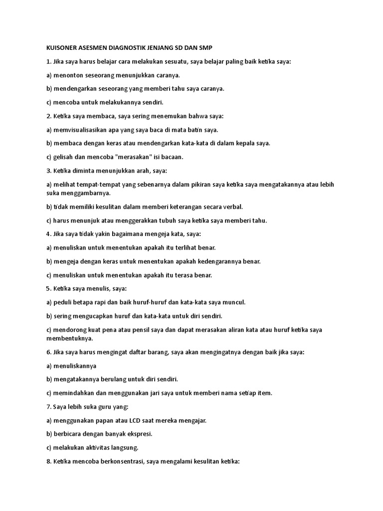 Kuisoner Asesmen Diagnostik Jenjang SD Dan SMP | PDF | Seni & Disiplin ...