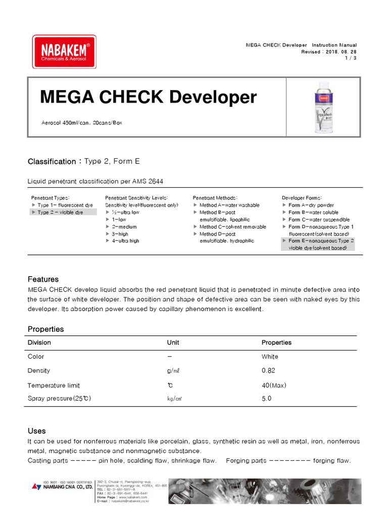 Nabakem-Mega-Check-Developer-Coloringdye-Penetrant-Developer-White (TDS) | PDF | Chemistry ...