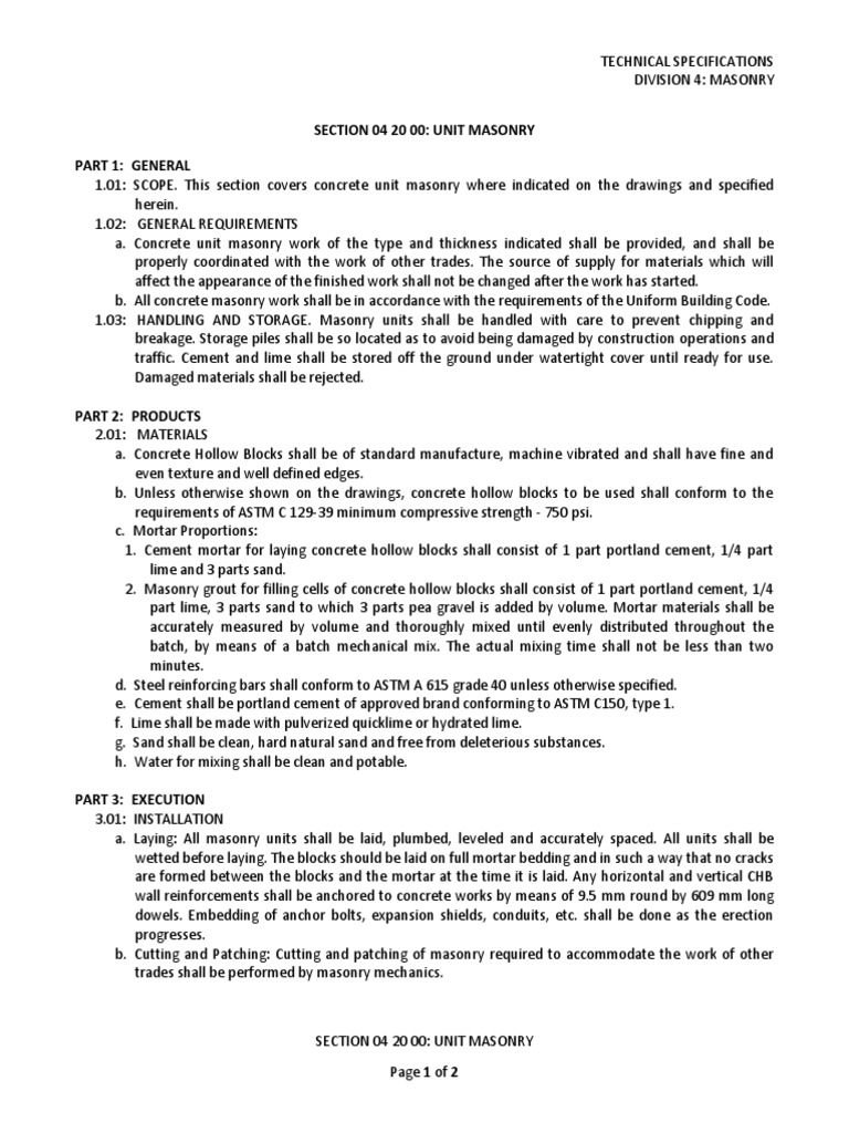 Section - 04 20 00 - Unit Masonry | PDF | Concrete | Masonry