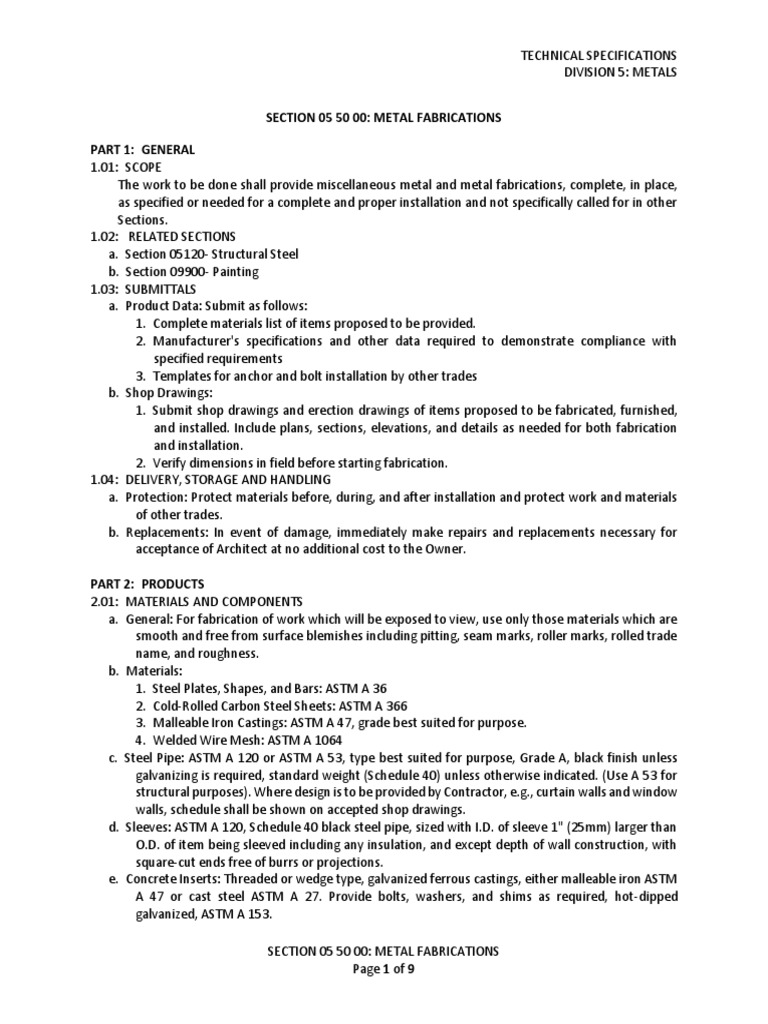 Section - 05 50 00 Metal Fabrications | PDF | Screw | Pipe (Fluid Conveyance)