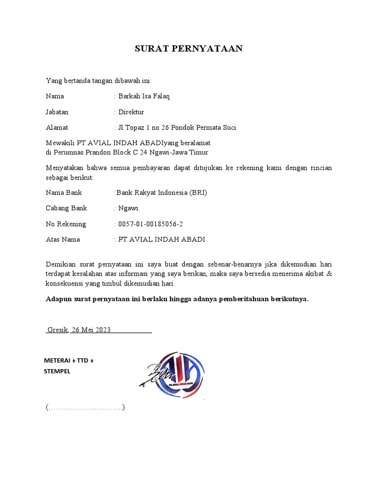 Surat Pernyataan Rekening | PDF
