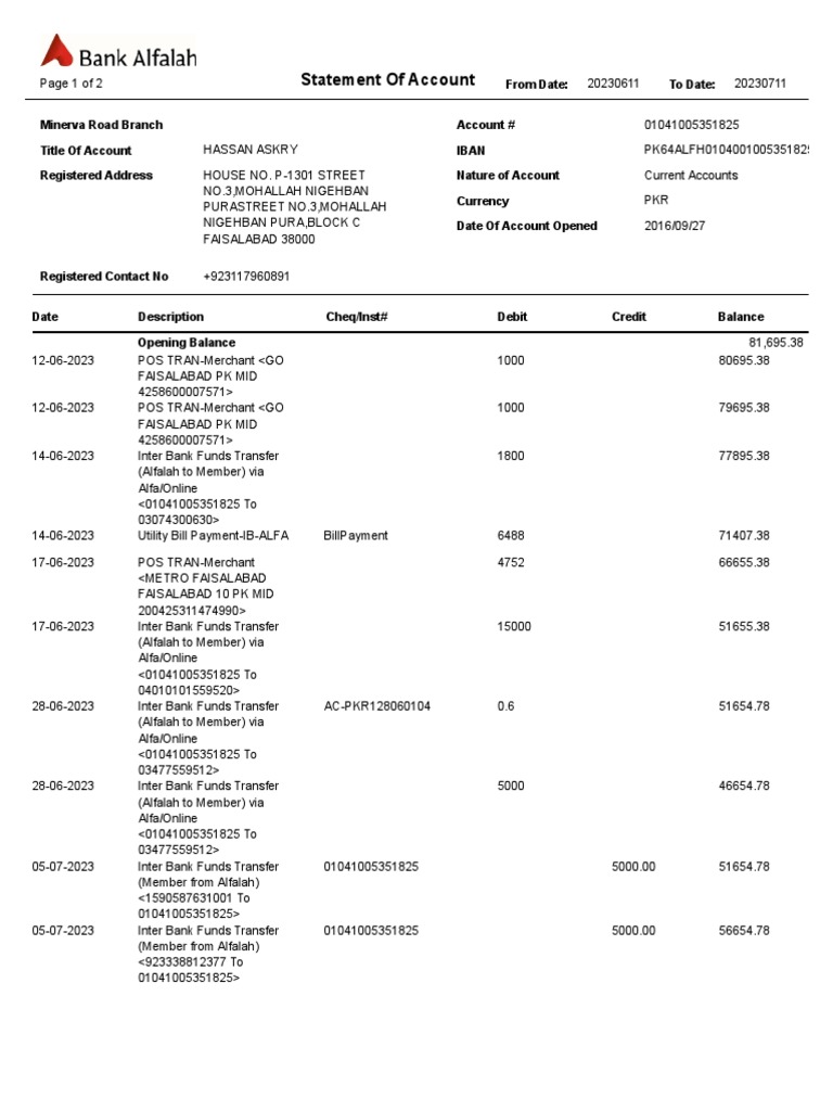 Statement of Account | PDF | Cheque | Debit Card