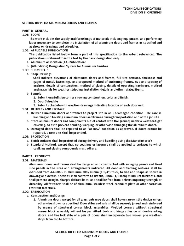 Section - 08 11 16 - Aluminum Doors and Frames | PDF | Door | Building ...
