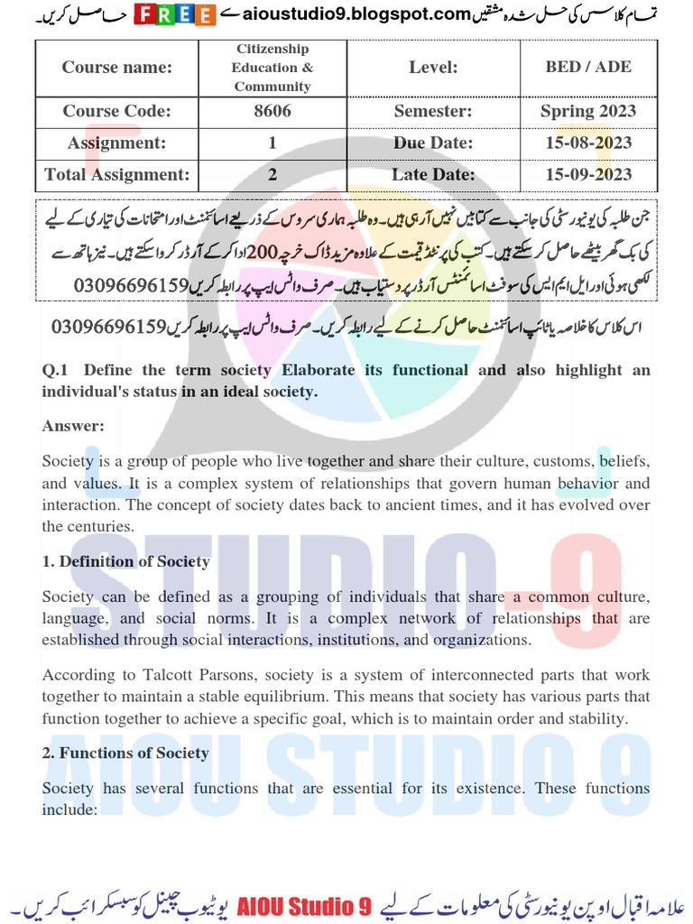 Course Name: Level: Course Code: 8606 Semester: Spring 2023 Assignment: 1 Due Date: 15-08-2023 ...