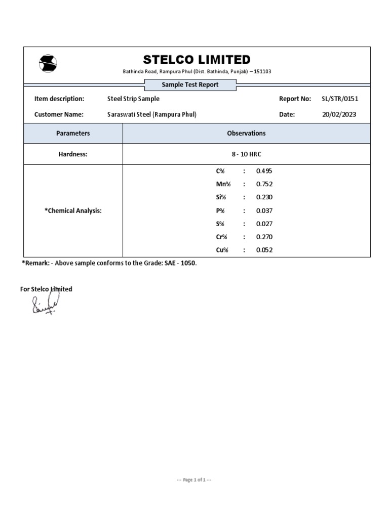 Stelco Limited Steel Strip Test Report | PDF