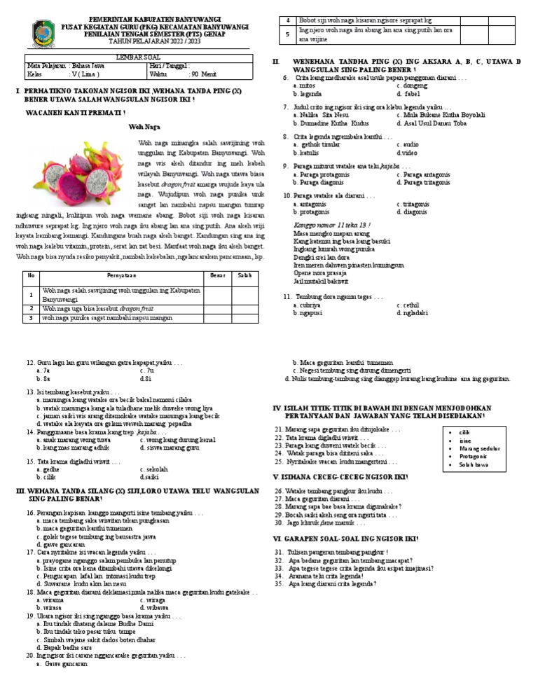 Soal Bahasa Jawa PTS Genap Kelas 5 2023 | PDF