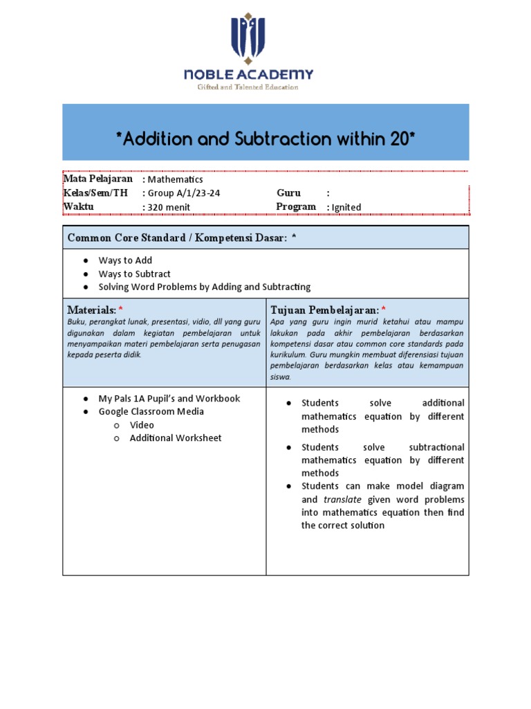 L.P Addition and Substraction Within 20 | PDF