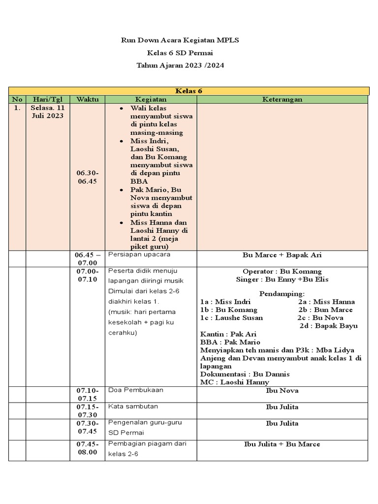 Run Down Acara Kegiatan MPLS 2023-2024 | PDF