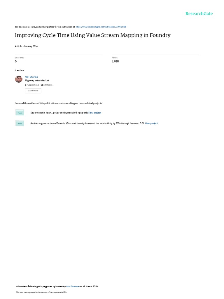 Improving Cycle Time Using Value Stream Mapping In Pdf Lean Manufacturing Business Economics