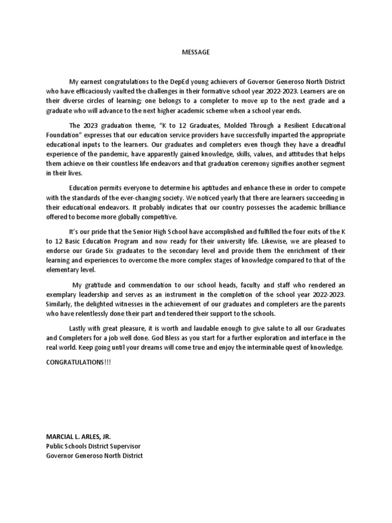 PSDS Graduation Message 2023 | Download Free PDF | Cognitive Science ...