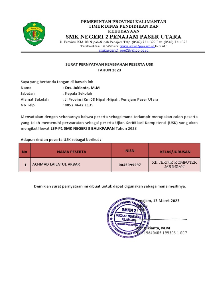 Surat Pernyataan Keabsahan - TKJ - SMK N 2 Ppu | PDF