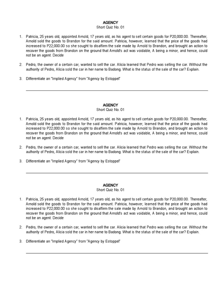 Agency Short Quiz 1.1 | Download Free PDF | Private Law | Common Law