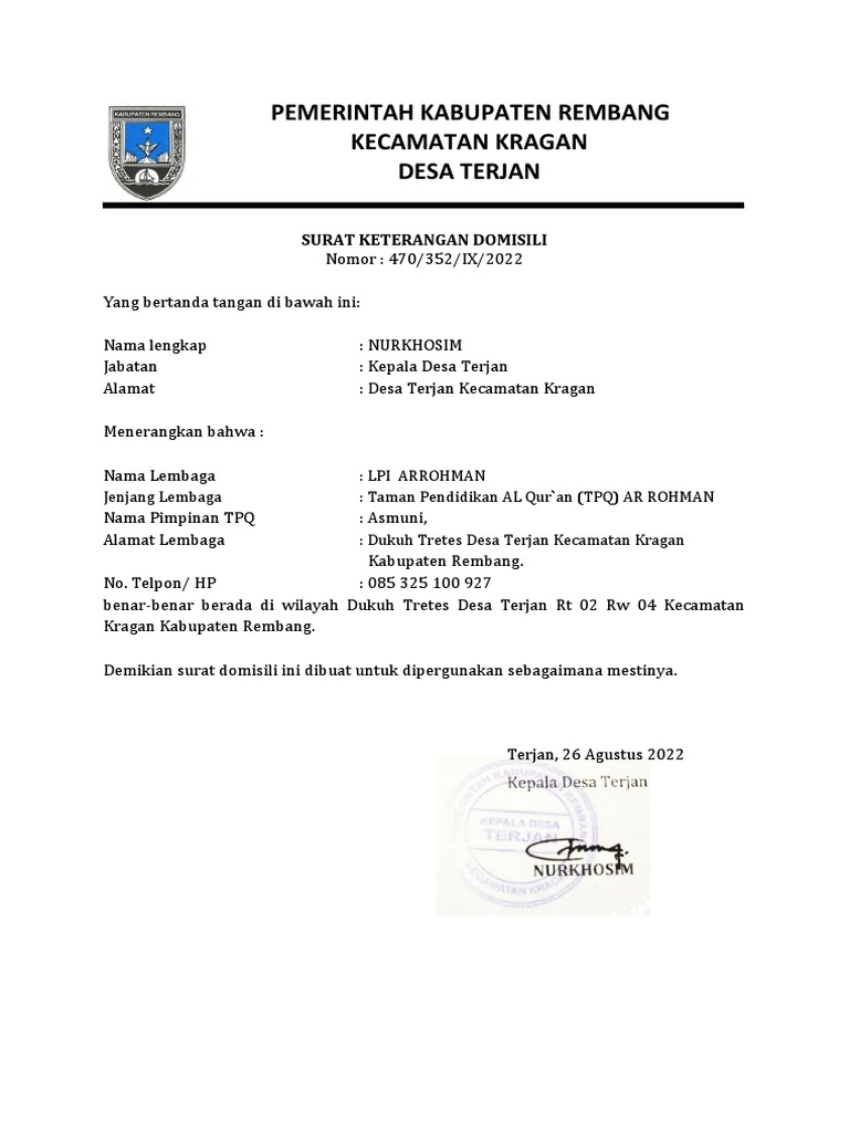 Surat Domisili Lembaga | PDF