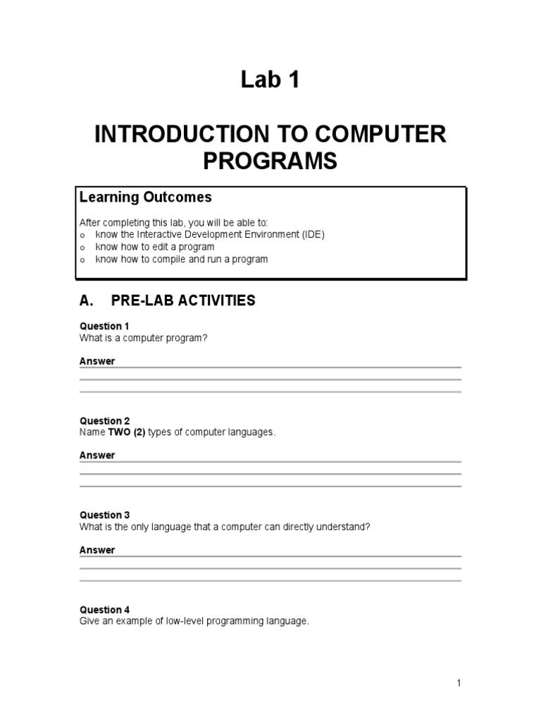 Lab 1 - Intro To Comp Programs | Download Free PDF | Computer Program ...