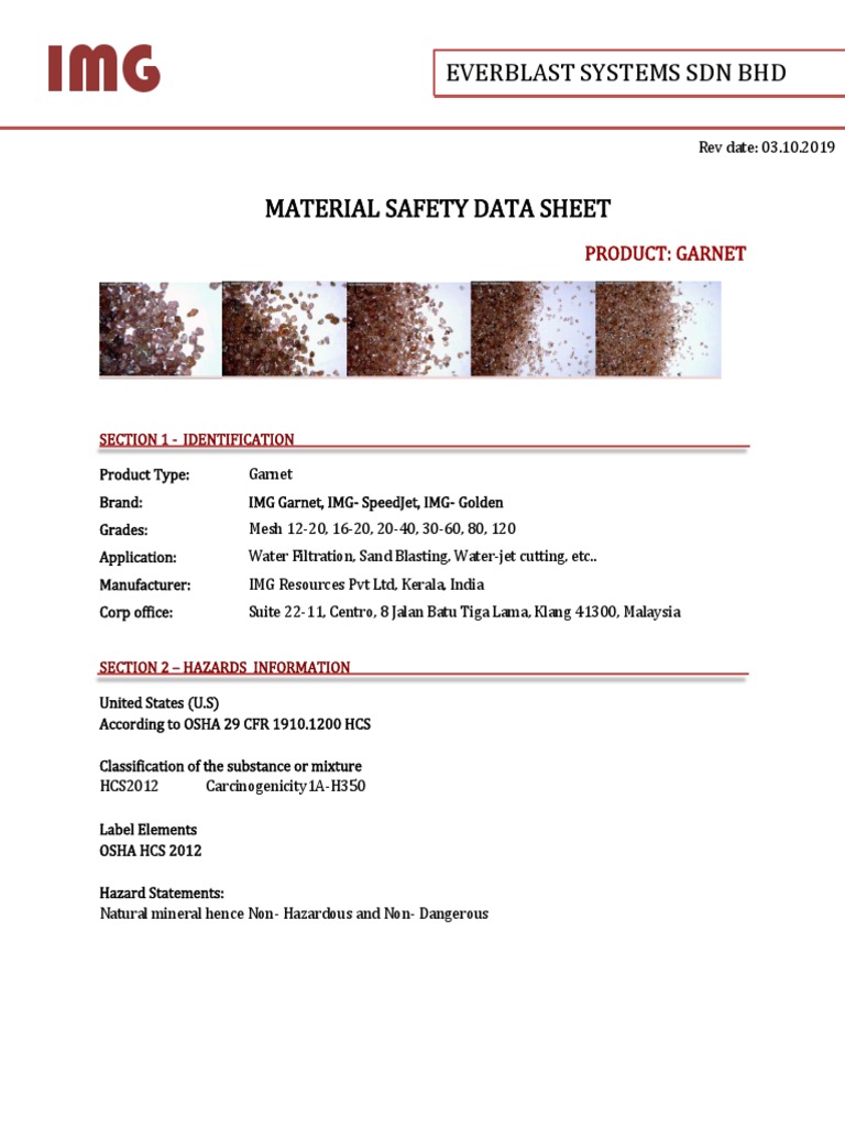 SDS Garnet | PDF | Chemistry | Materials
