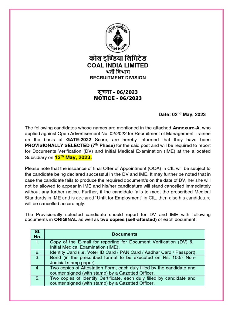 CIL Management Trainee Selection Notice | PDF | Government Of India ...