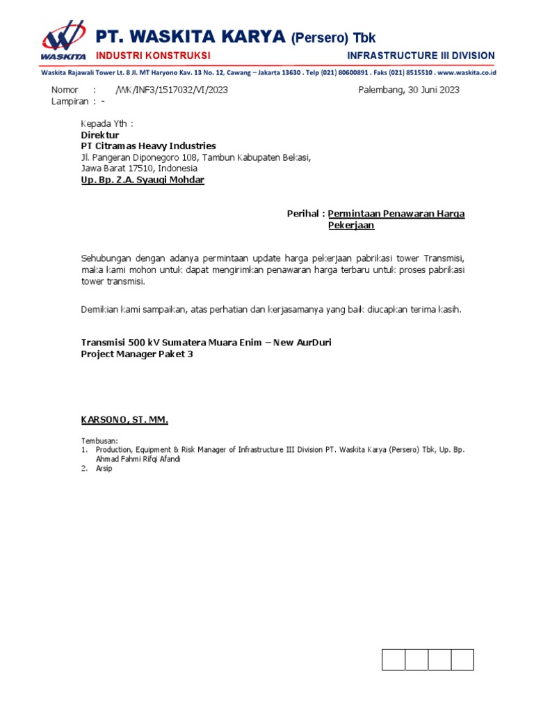 Surat Permintaan Penawaran Harga - CHI | PDF