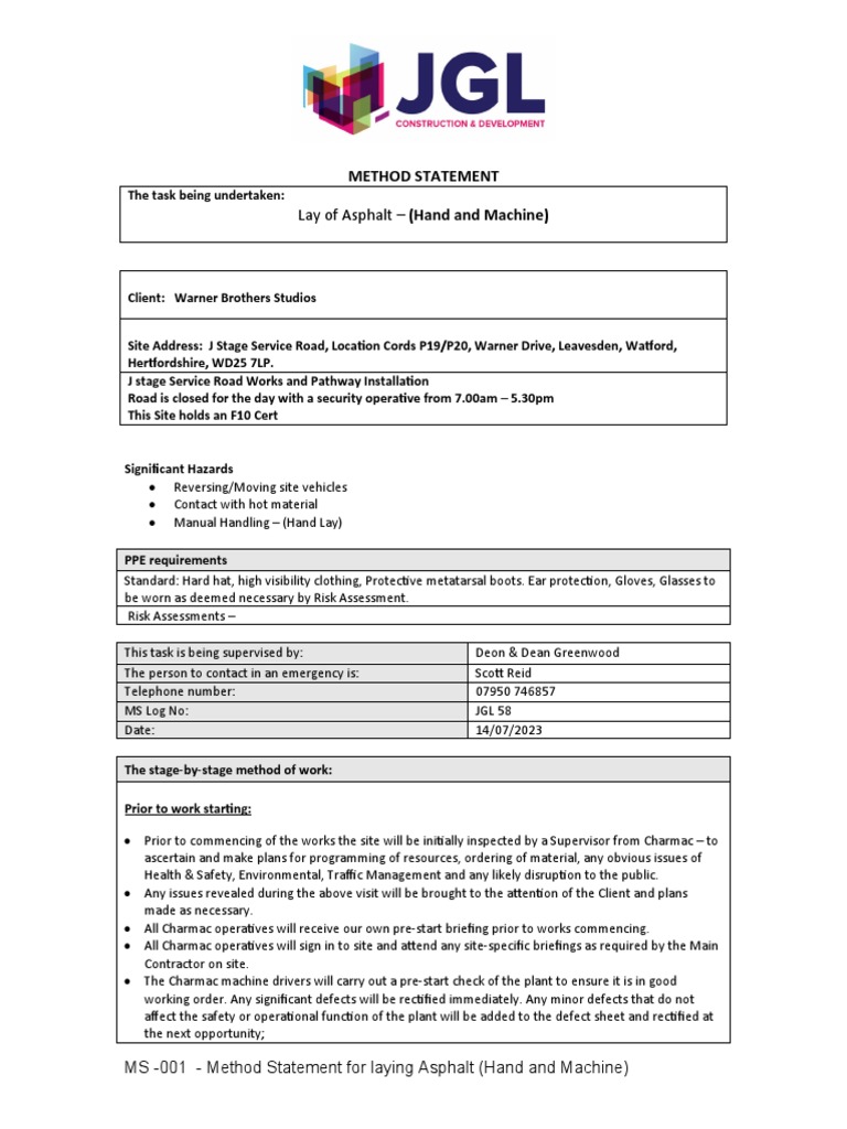 Asphalt Laying Method Statement | PDF | Manufactured Goods