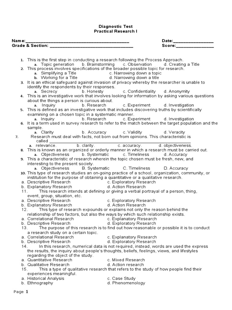 Diagnostic Test PR1 | PDF | Sampling (Statistics) | Qualitative Research