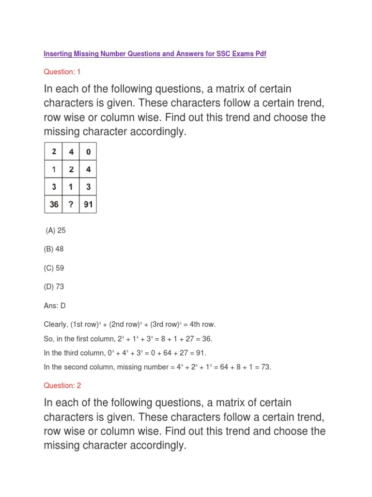 Missing Number Questions Answers SSC Exams | PDF Missing Number Questions Answers SSC Exams | PDF