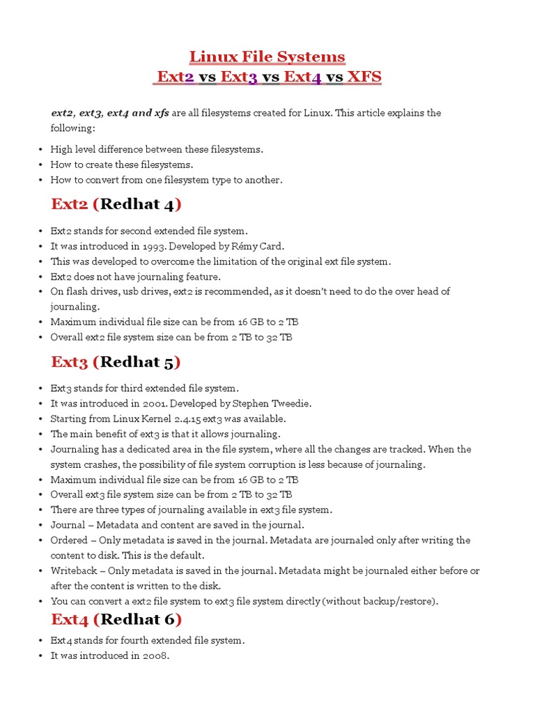 Linux File System - Ext2 Vs Ext3 Vs Ext4 Vs XFS | PDF | File System | Operating System Families