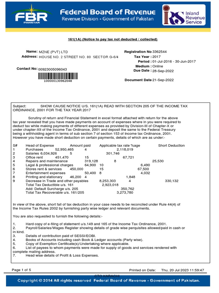 Show Cause Notice for Tax Short Deduction | PDF | Taxes | Expense