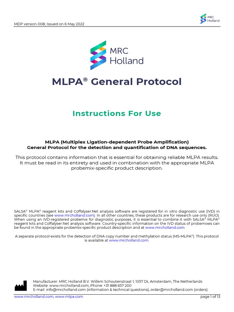 MLPA General Protocol MDP-V008 | PDF | Polymerase Chain Reaction | Scientific Techniques