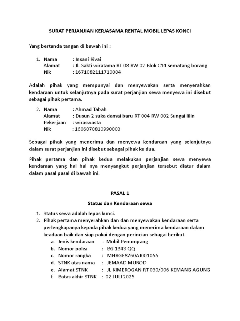 Surat Perjanjian Kerjasama Rental Mobil Lepas Konci | PDF | Hukum