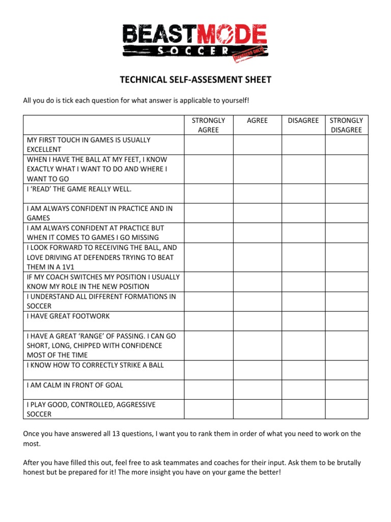 Technical Self-Assesment Sheet | PDF | Sports