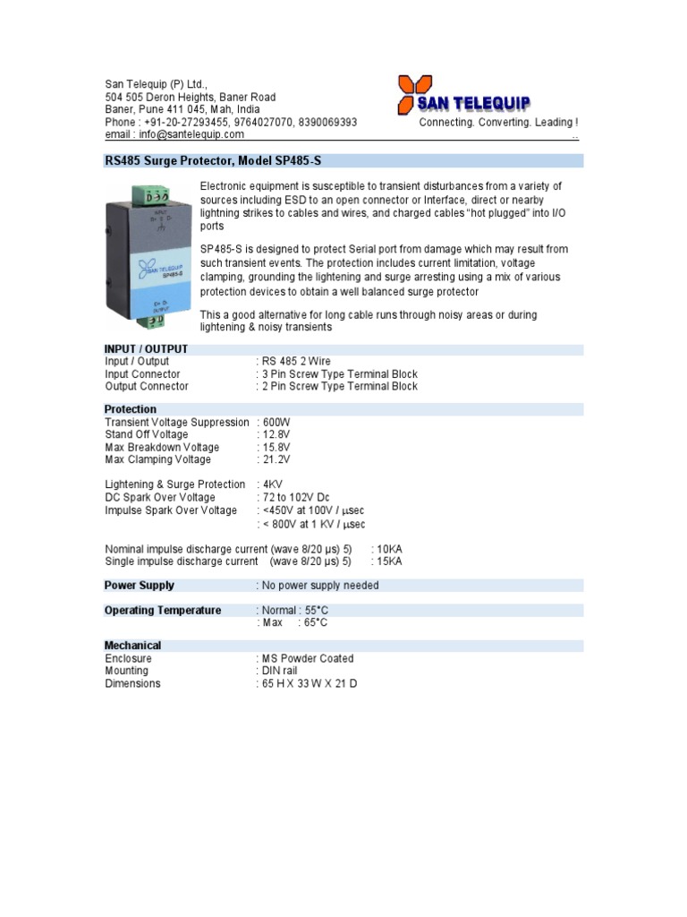 RS485 Surge Protector, Model SP485-S | PDF