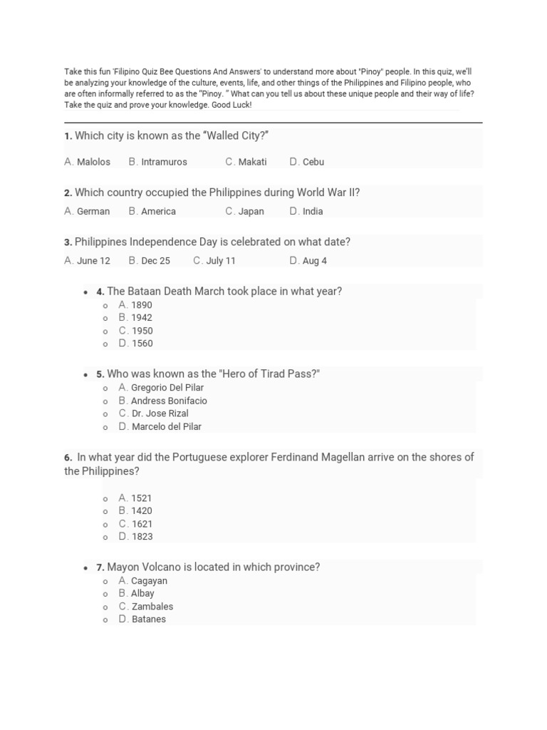 Filipino Quiz Bee Questions & Answers | PDF