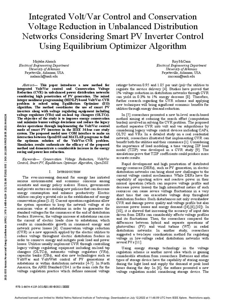 Integrated Volt Var Control and Conservation Voltage Reduction in Unbalanced Distribution ...