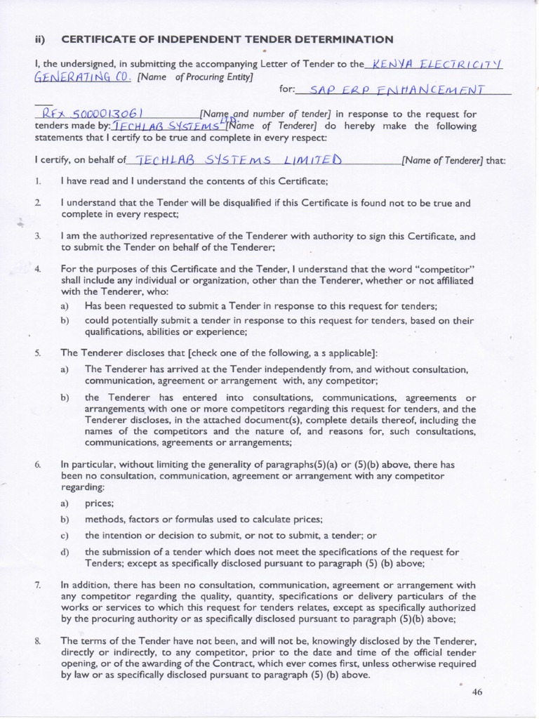 II) Certificate of Independent Tender Determination | PDF