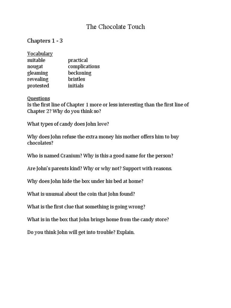 The Chocolate Touch: Chapters 1-3 Study Guide | PDF