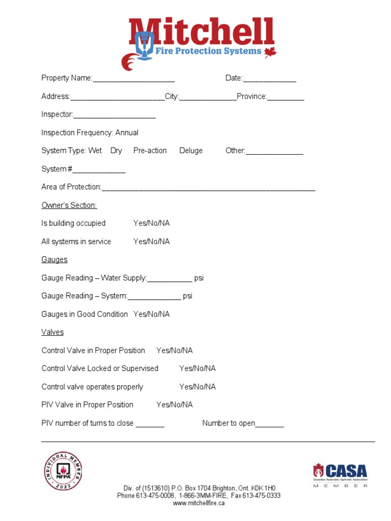 Annual Sprinkler Inspection Form | PDF | Fire Sprinkler System | Equipment