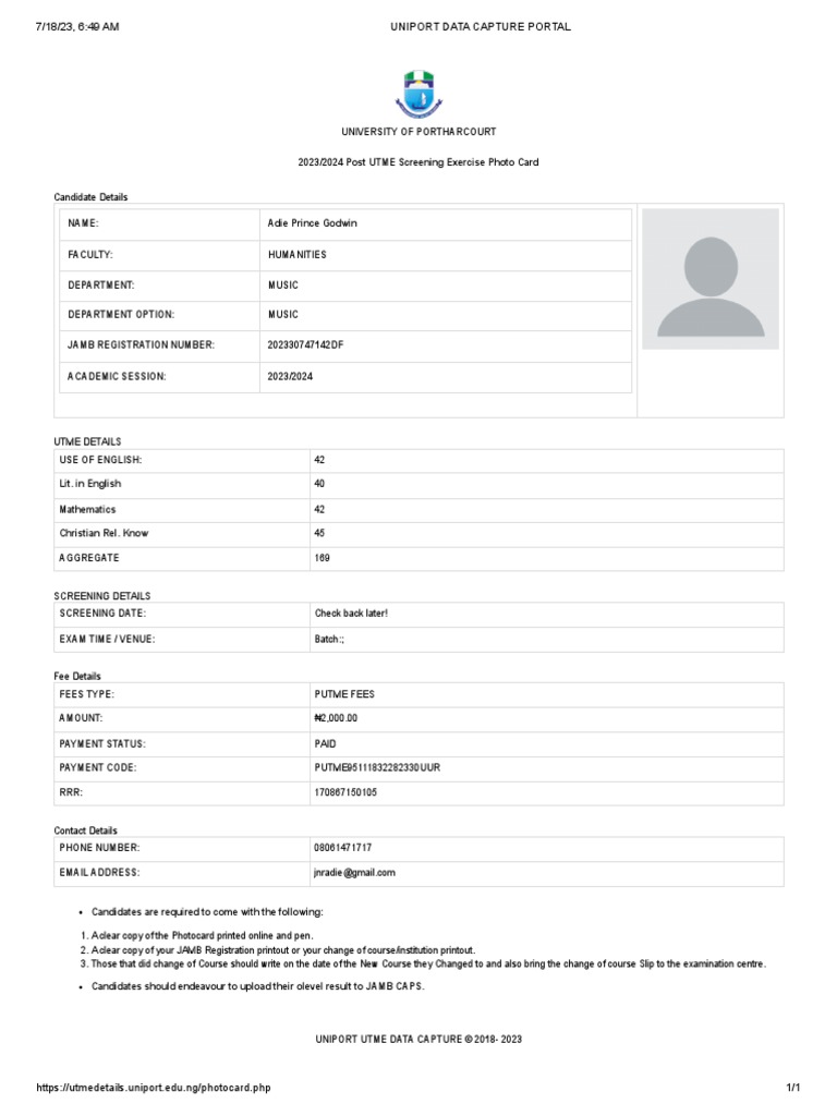 Uniport Data Capture Portal | PDF | Service Industries